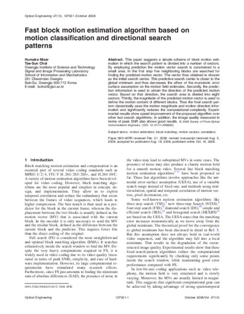 pdf fast block motion estimation algorithm based on motion classification and directional
