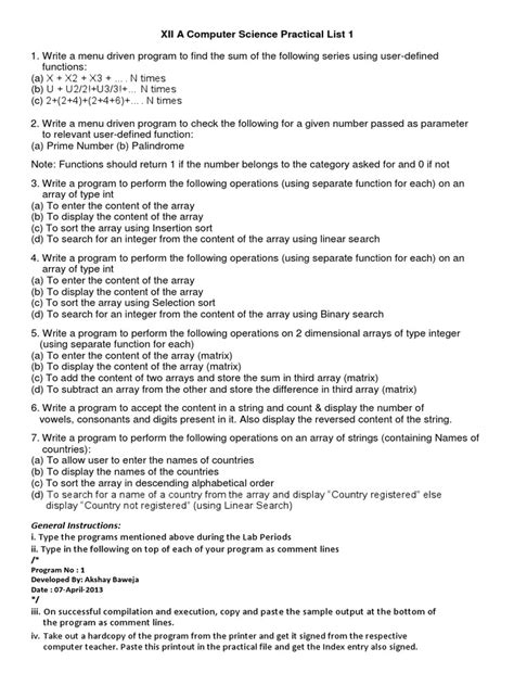 xii a computer science practical list 1 general instructions