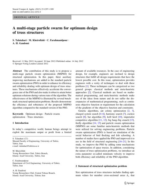 pdf a multi stage particle swarm for optimum design of truss structures