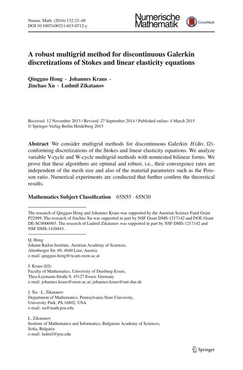 pdf a robust multigrid method for discontinuous galerkin discretizations of stokes and linear