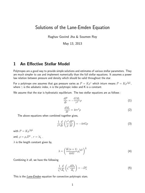 solutions of the lane emden equation pdf equations physics
