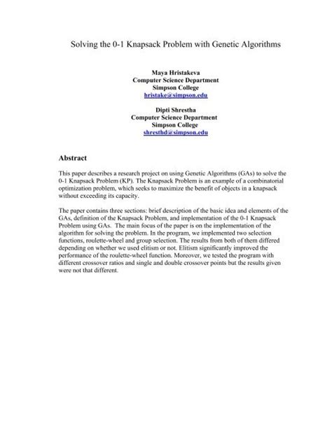 solving the 0 1 knapsack problem with genetic algorithms assembla