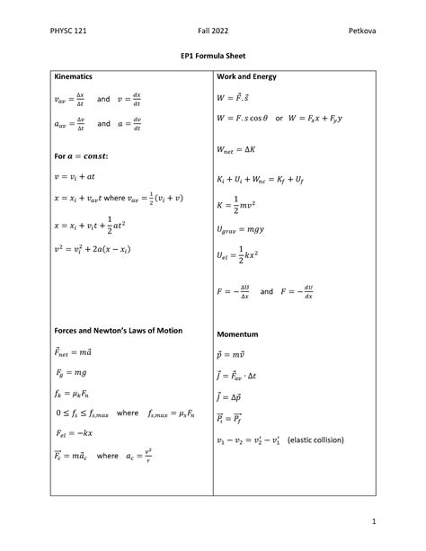 Master Formula Sheet PHYSC 121 Fall 2022 Petkova 1 EP1 Formula Sheet