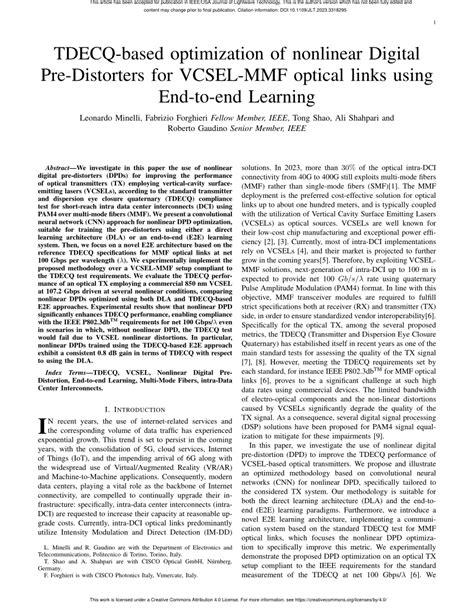 pdf tdecq based optimization of nonlinear digital pre distorters for vcsel mmf optical links
