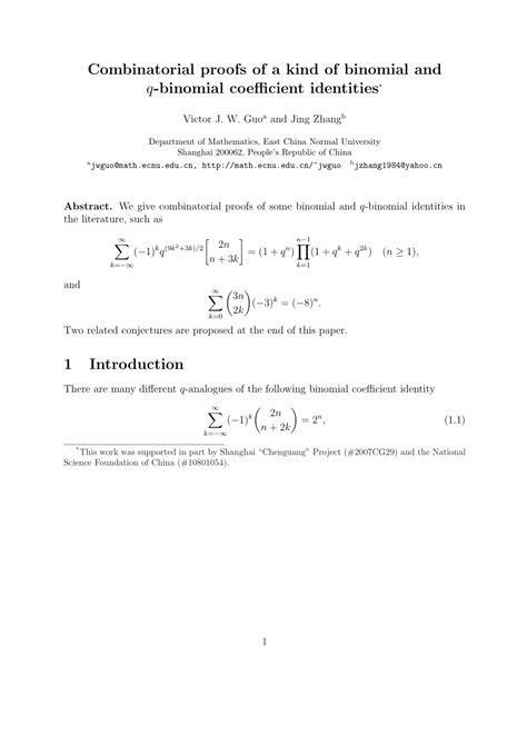 pdf combinatorial proofs of a kind of binomial and q binomial coe cient identities