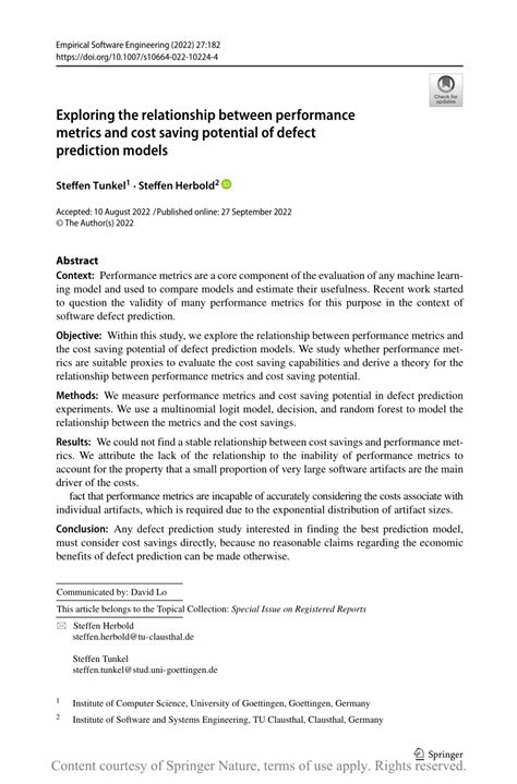 pdf exploring the relationship between performance metrics and cost saving potential of defect