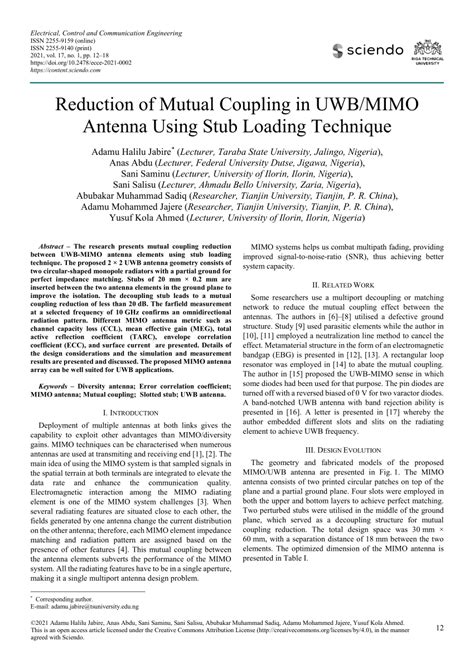 pdf reduction of mutual coupling in uwb mimo antenna using stub loading technique