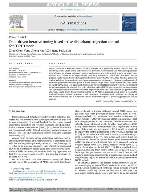pdf data driven iterative tuning based active disturbance rejection control for foptd model