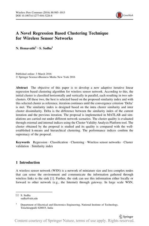 a novel regression based clustering technique for wireless sensor networks request pdf