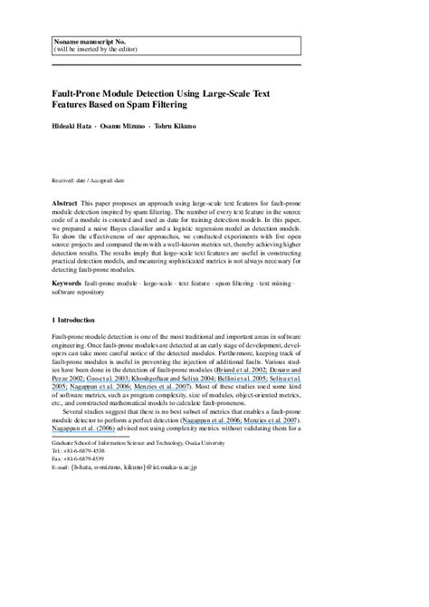 pdf fault prone module detection using large scale text features based on spam filtering