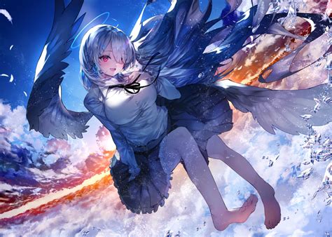 Angel Barefoot Blush Breast Hold Clouds Fang Feathers Halo Long Hair Original Red Eyes Skirt Sky