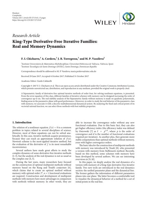 pdf king type derivative free iterative families real and memory dynamics