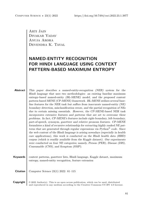 pdf named entity recognition for hindi language using context pattern based maximum entropy