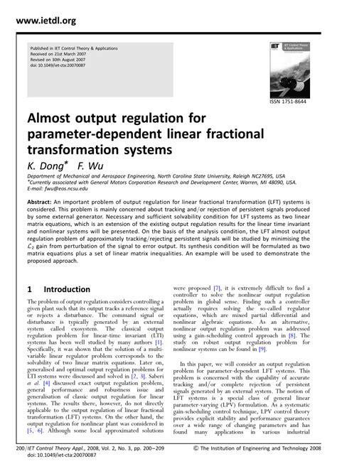 pdf almost output regulation for parameter dependent linear fractional transformation systems