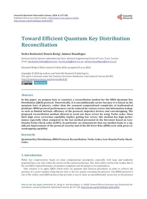 pdf toward efficient quantum key distribution reconciliation · quantum key distribution bb84