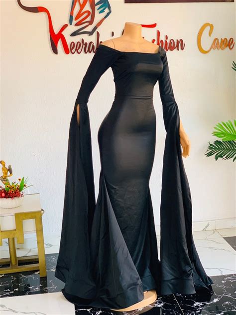 Floor Length Black Prom Dress With Long Sleeveswedding Etsy