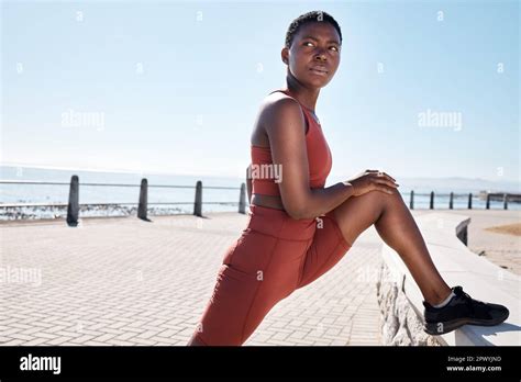 Stretching Legs And Black Woman On The Promenade For Fitness Start Cardio Motivation And