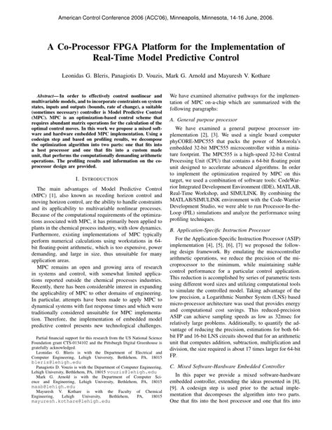 pdf a co processor fpga platform for the implementation of real time model predictive control