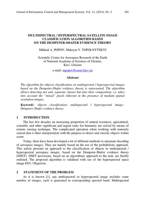 pdf multispectral hyperspectral satellite image classification algorithm based on the