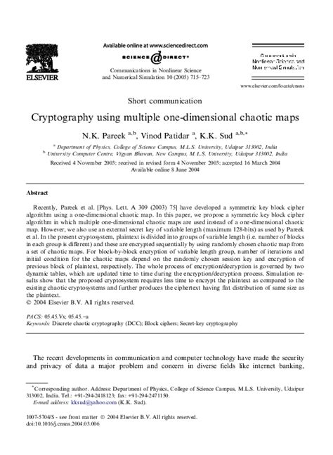 pdf cryptography using multiple one dimensional chaotic maps vinod patidar