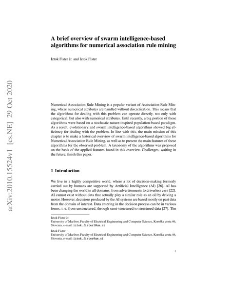 pdf a brief overview of swarm intelligence based algorithms for numerical association rule mining