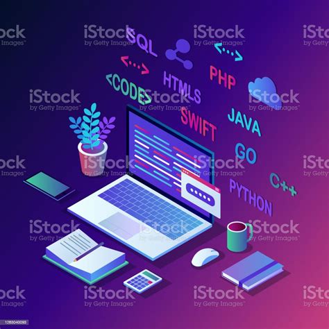 software development programming language coding 3d isometric laptop computer with digital
