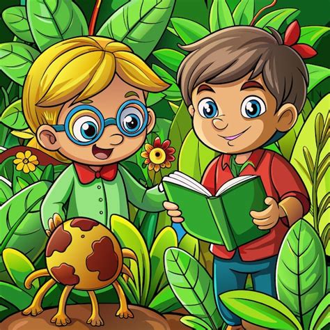 Una ilustración de dibujos animados de dos niños leyendo un libro con