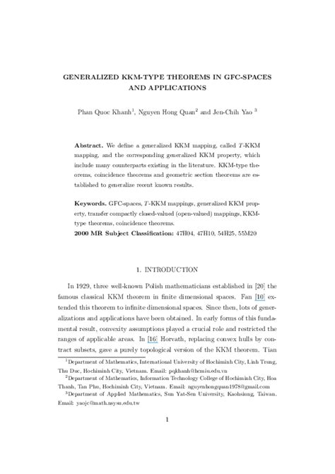 pdf generalized kkm type theorems in gfc spaces and applications nguyen hong quan