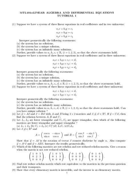 tutorial 1 pdf matrix mathematics matrix theory