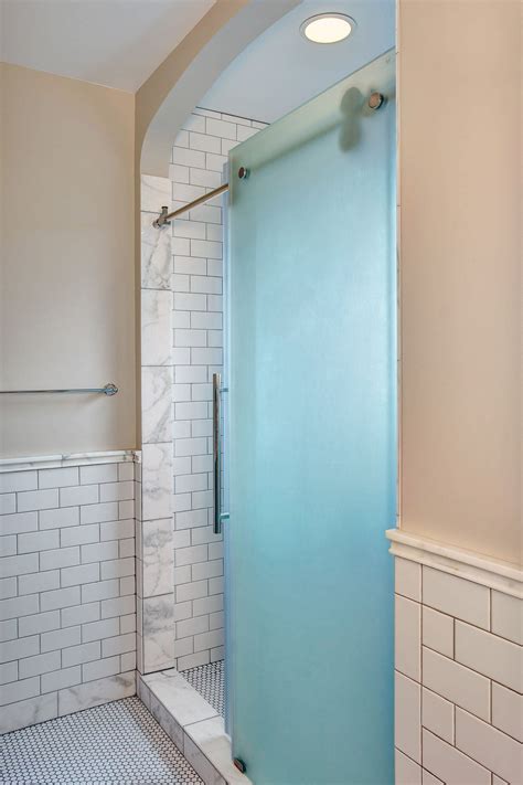 A Frosted Glass Barn Door For The Shower Adds A Modern Touch To A Traditional Ho 1000