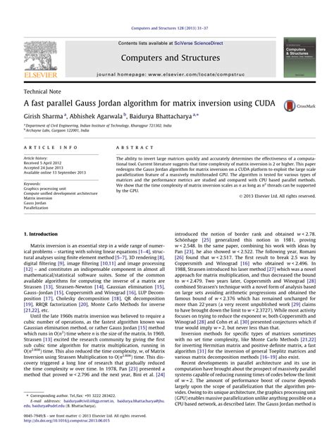 pdf a fast parallel gauss jordan algorithm for matrix inversion using cuda
