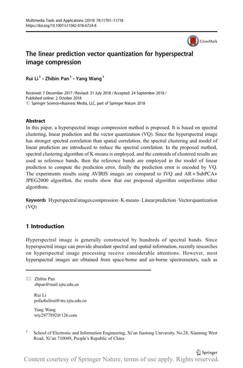 the linear prediction vector quantization for hyperspectral image compression request pdf