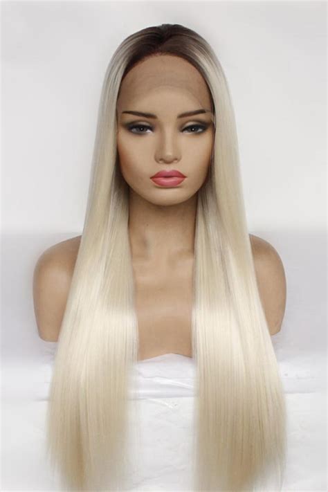 Dark Brown Root 0809 Pale Blonde Long Straight Lace Front Wig Synthetic Wigs Babalahair