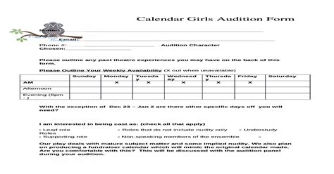 Calendar Girls Audition Form