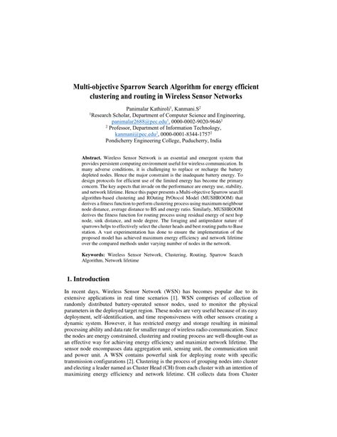 pdf multi objective sparrow search algorithm for energy efficient clustering and routing in