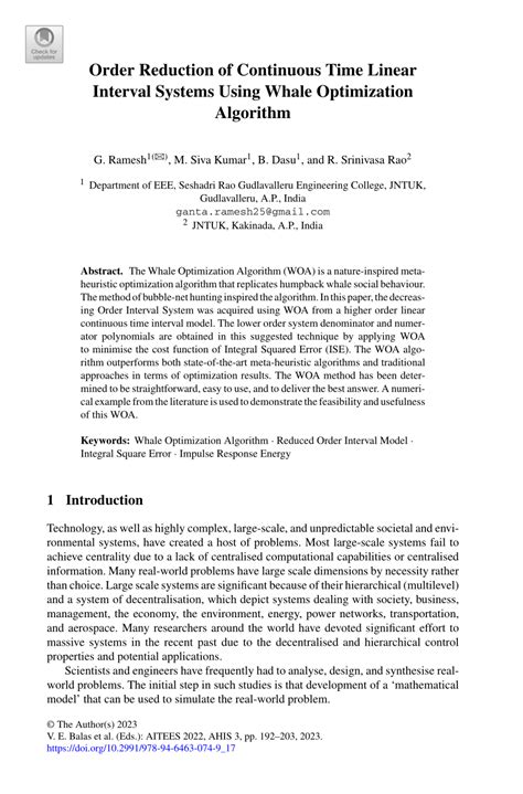 pdf order reduction of continuous time linear interval systems using whale optimization algorithm