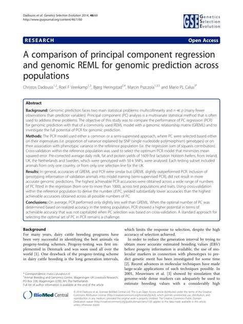 pdf a comparison of principal component regression and genomic reml for genomic prediction