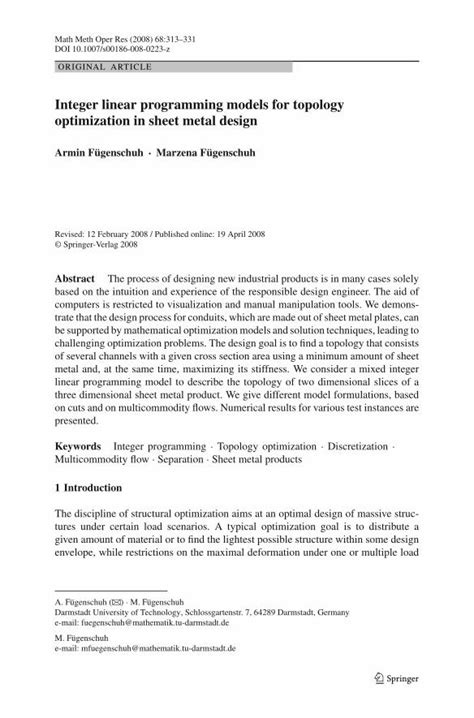 pdf integer linear programming models for topology optimization in sheet metal design