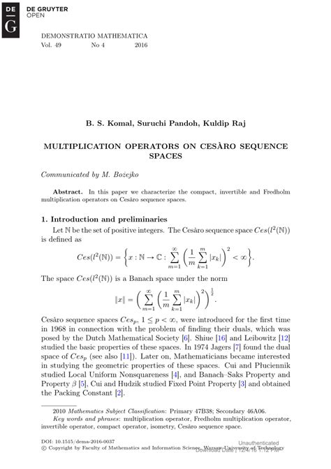 pdf multiplication operators on cesàro sequence spaces