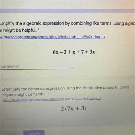 simplify the algebraic expression by combining like terms