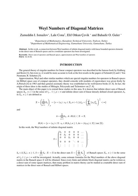 pdf weyl numbers of diagonal matrices