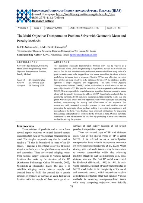 pdf the multi objective transportation problem solve with geometric mean and penalty methods