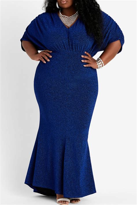 Blue Sexy Solid Patchwork V Neck Evening Dress Plus Size Plus Size Dressesknowfashionstyle