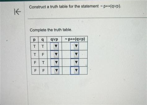 solved construct a truth table for the statement ∼p↔ q∨p