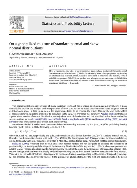pdf on a generalized mixture of standard normal and skew normal distributions c satheesh