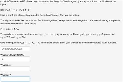 solved 1 point the extended euclidean algorithm computes