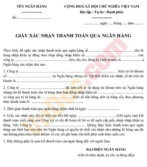Mẫu giấy xác nhận thanh toán qua ngân hàng