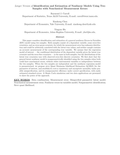 pdf identification and estimation of nonlinear models using two samples with nonclassical