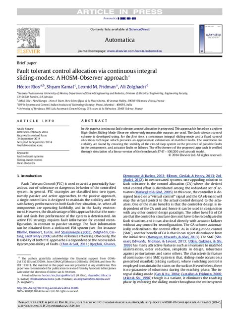 pdf fault tolerant control allocation via continuous integral sliding modes a hosm observer
