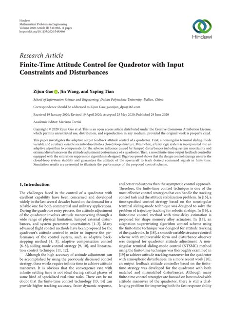 pdf finite time attitude control for quadrotor with input constraints and disturbances